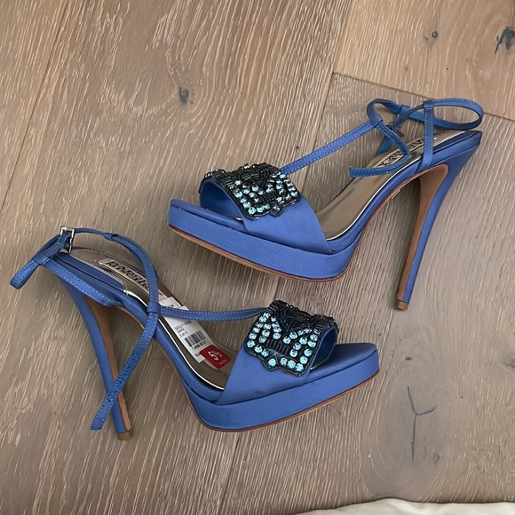Badgley Mischka | Shoes | Badgley Mischka Blue Satin Embellished Beaded ...